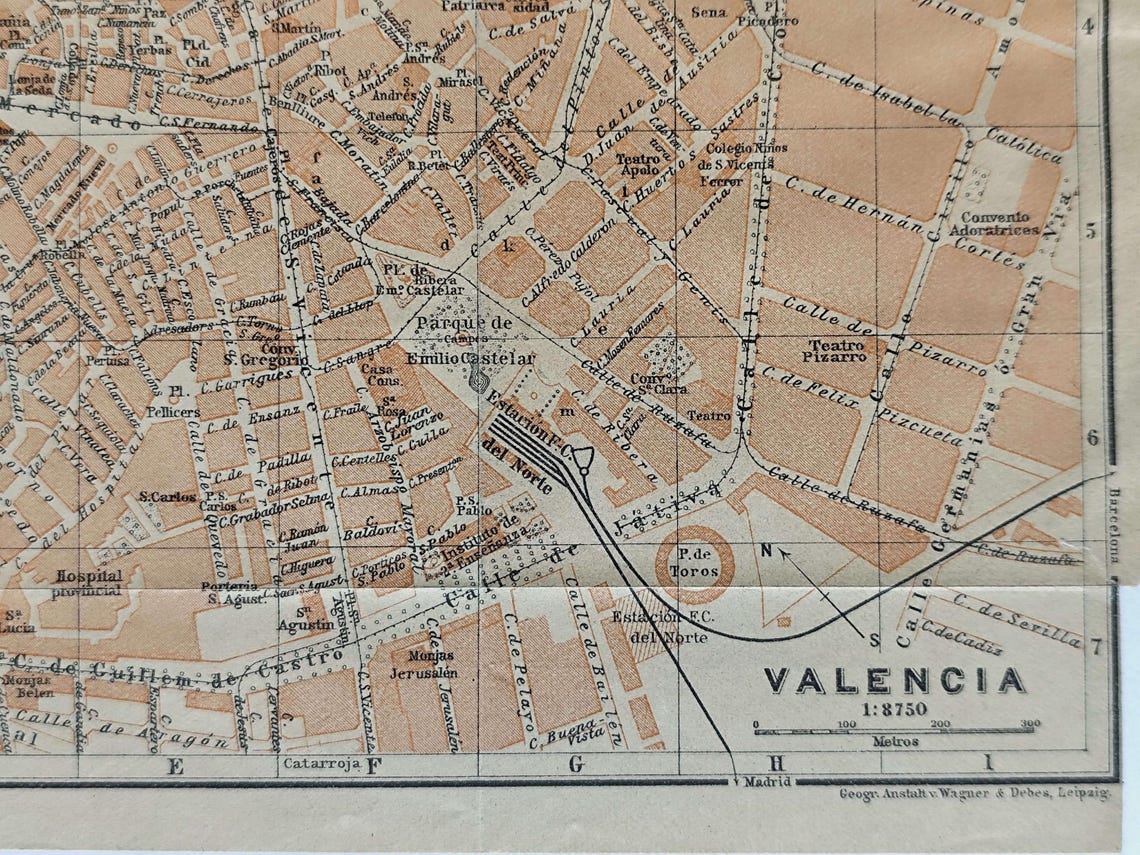 1908 VALENCIA SPAIN Antique Map Vintage City Map Spanish Town Map ...