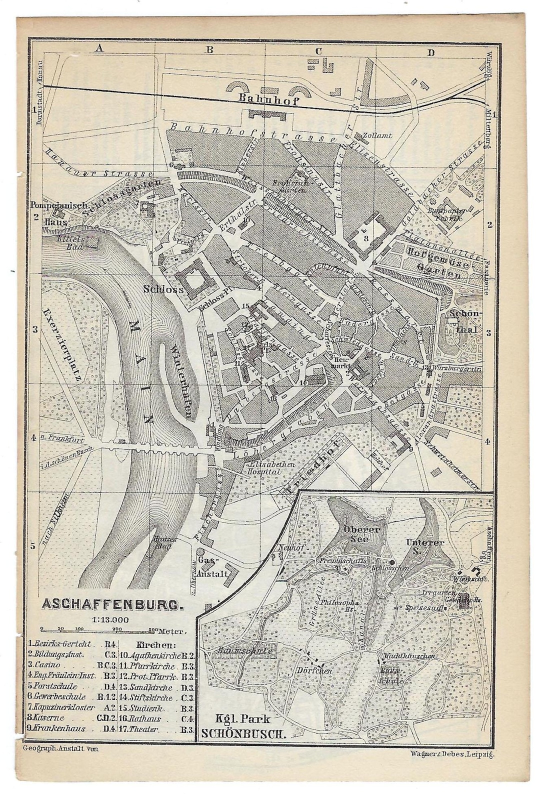 1883 Vintage ASCHAFFENBURG City Map Antique German Map Aschaffenburg ...