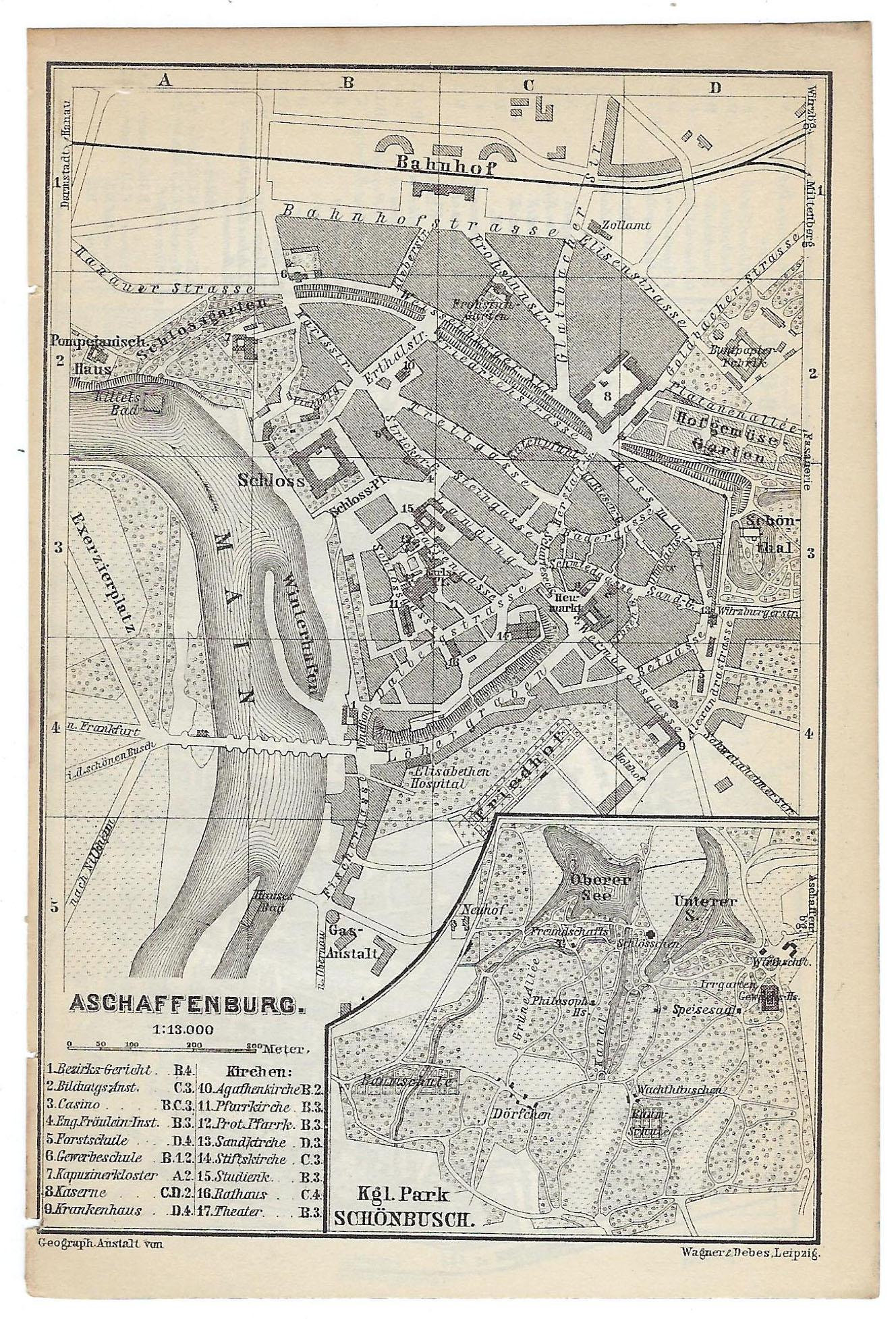 1883 Vintage ASCHAFFENBURG City Map Antique German Map Aschaffenburg ...