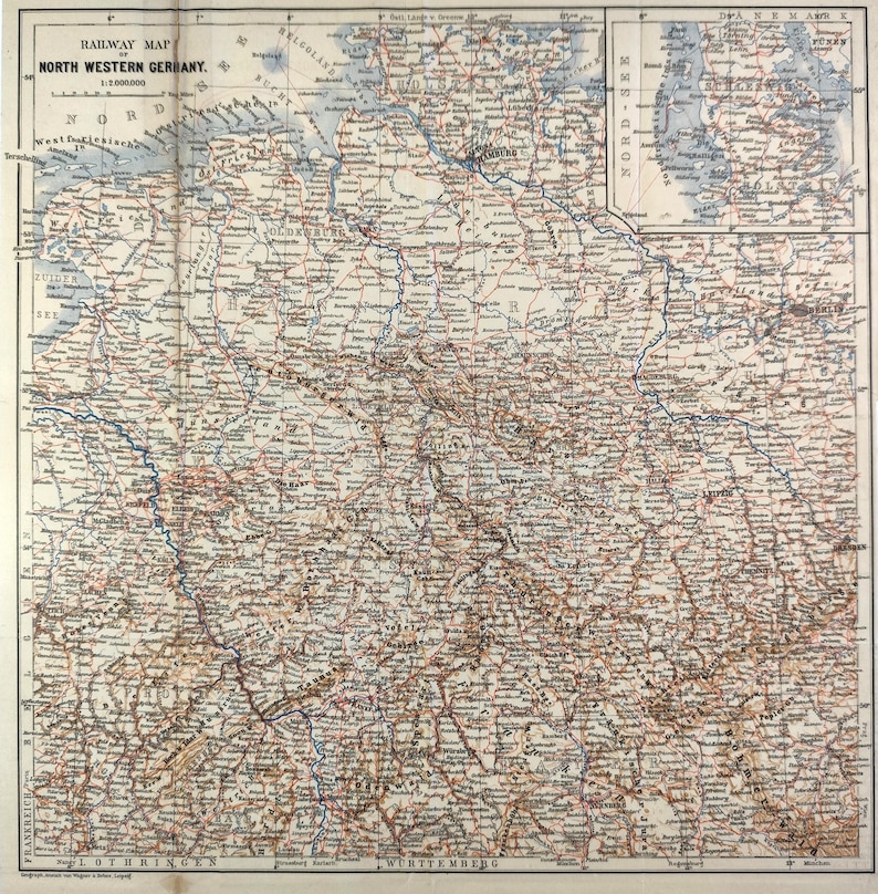 1904 RAILWAY MAP of North Western GERMANY Antique Map Vintage German ...