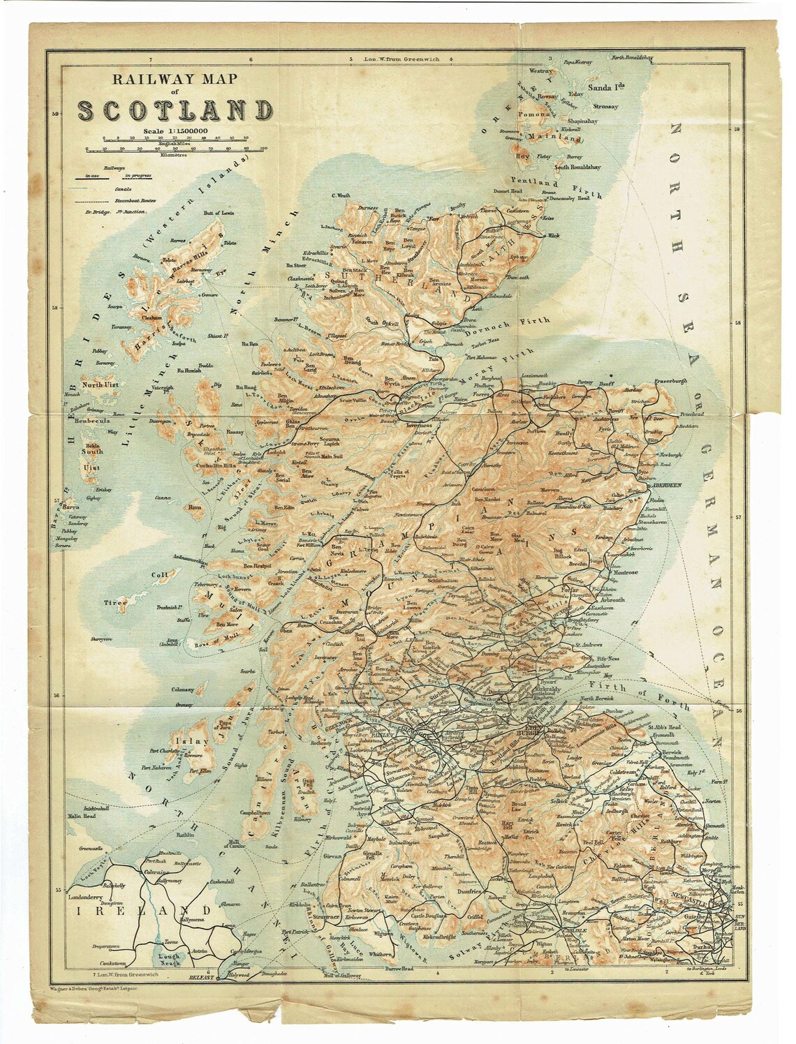 1897 RAILWAY MAP of SCOTLAND. Original United Kingdom Railway Map ...