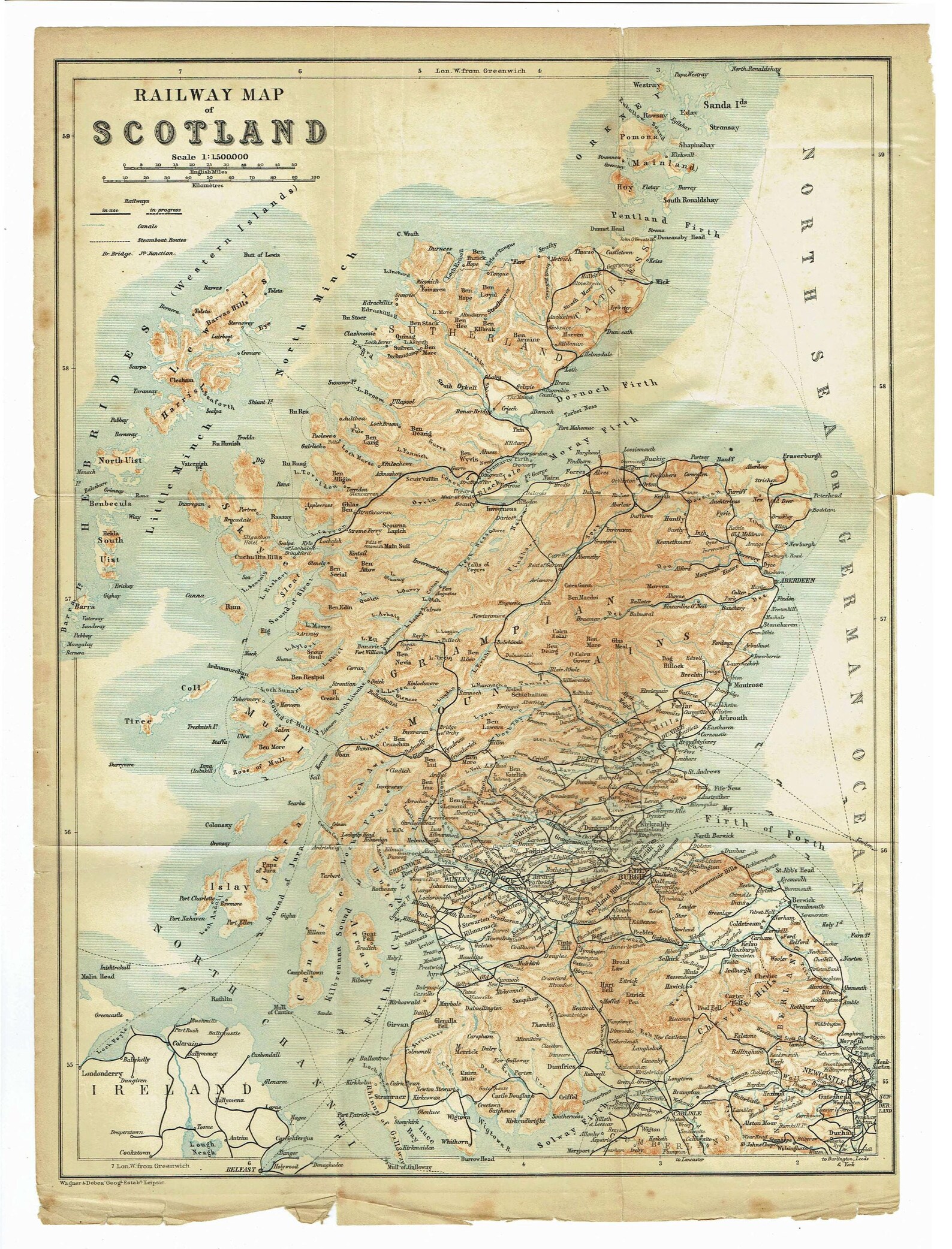 1897 RAILWAY MAP of SCOTLAND. Original United Kingdom Railway Map ...