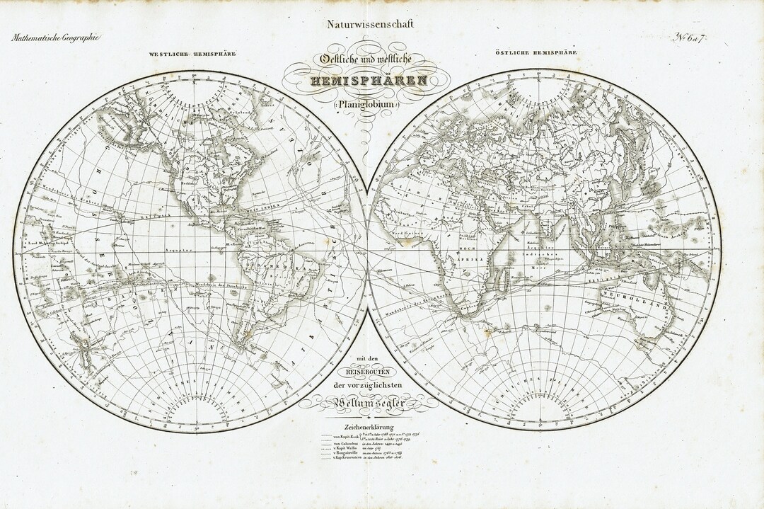 1828 PLANISPHERE Antique Map of the World, Two Hemispheres Original ...