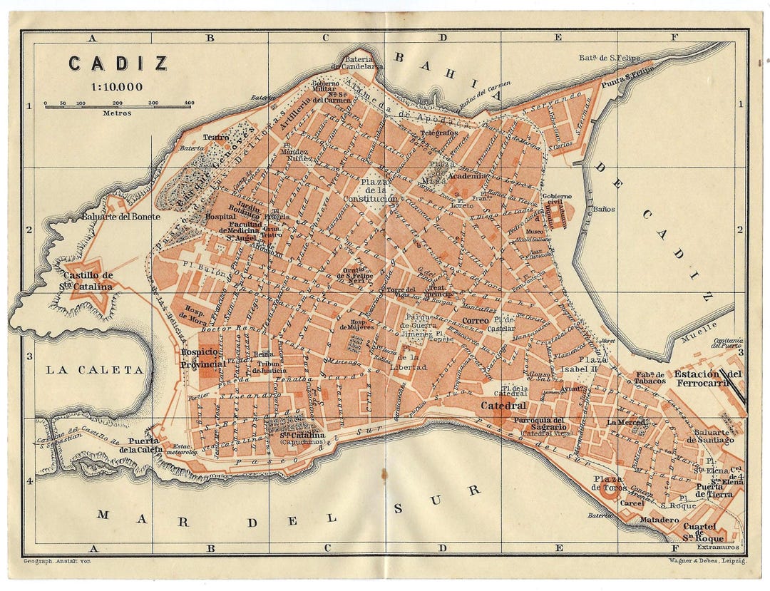 1913 SPAIN CADIZ Antique MAP Vintage City Map Spanish City Street Map ...