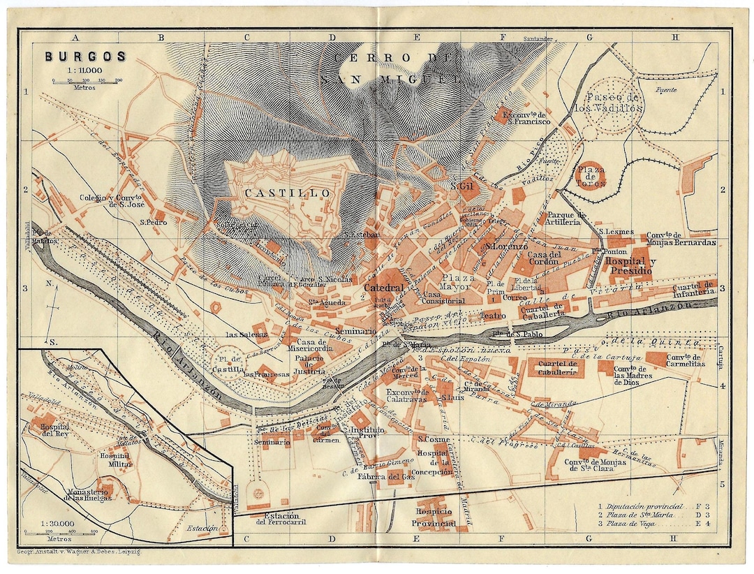 1913 SPAIN BURGOS Antique MAP Vintage City Map Spanish City Street Map ...