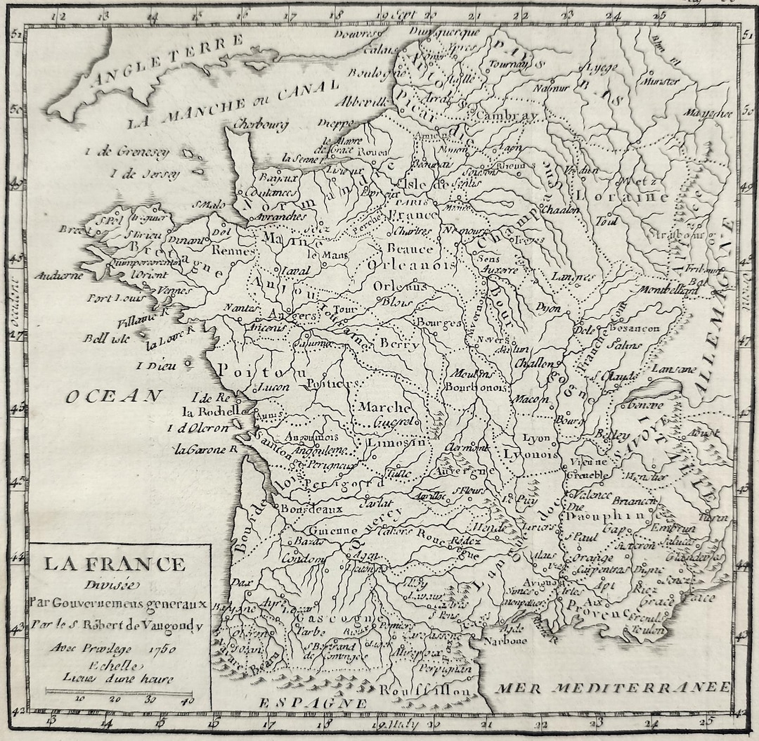 1750 FRANCE Antique Map. Original 18th Century Engraving. General ...