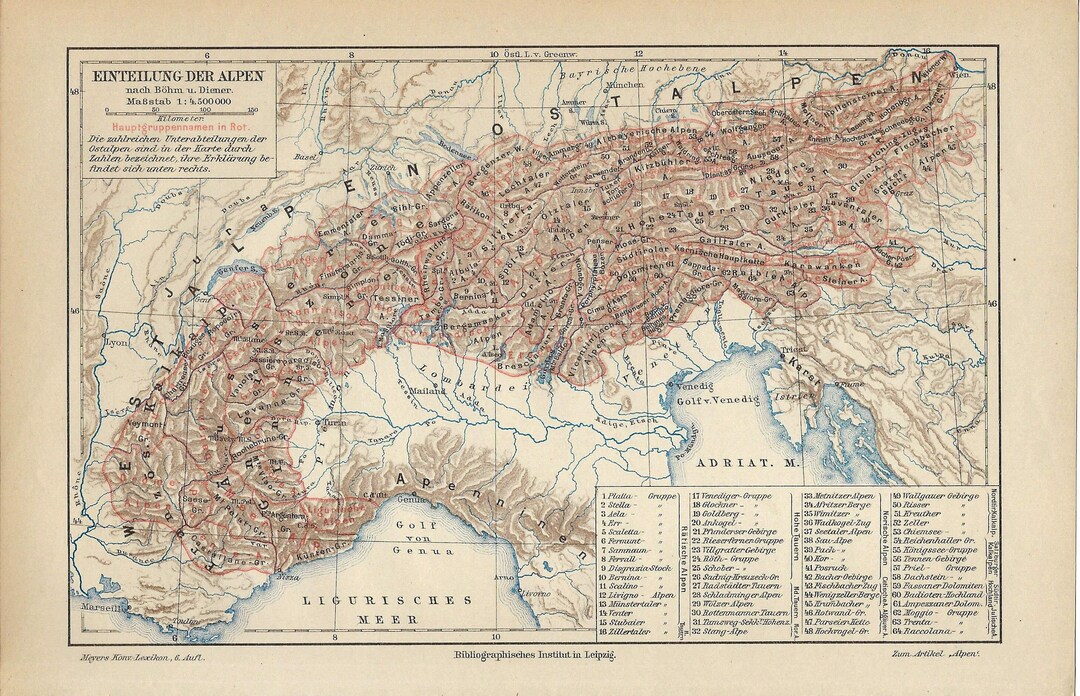 1903 ALPS DIVISIÓN Map. Antique Alps Map. Vintage Europe Map. Alps Wall ...