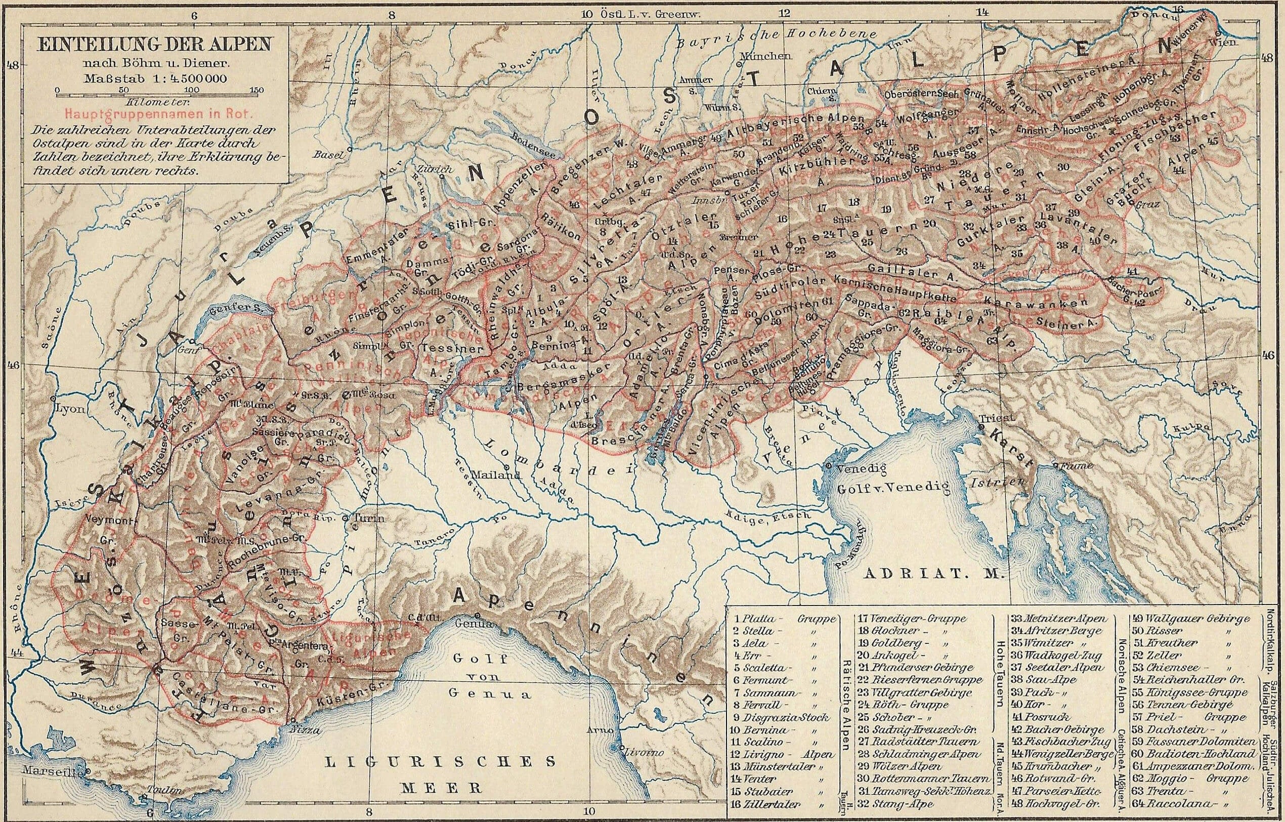 1903 ALPS DIVISIÓN Map. Antique Alps Map. Vintage Europe Map. Alps Wall ...