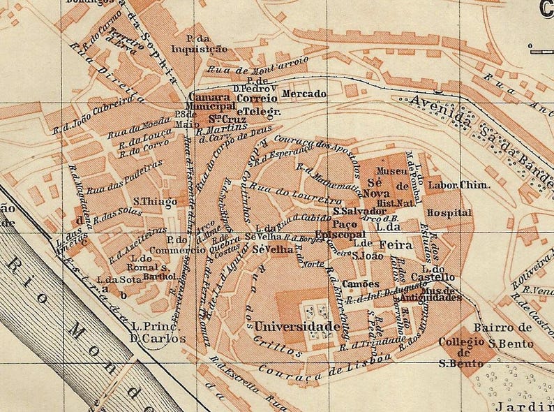 1913 COIMBRA, PORTUGAL Antique City Map Vintage Map Portuguese Town Map ...