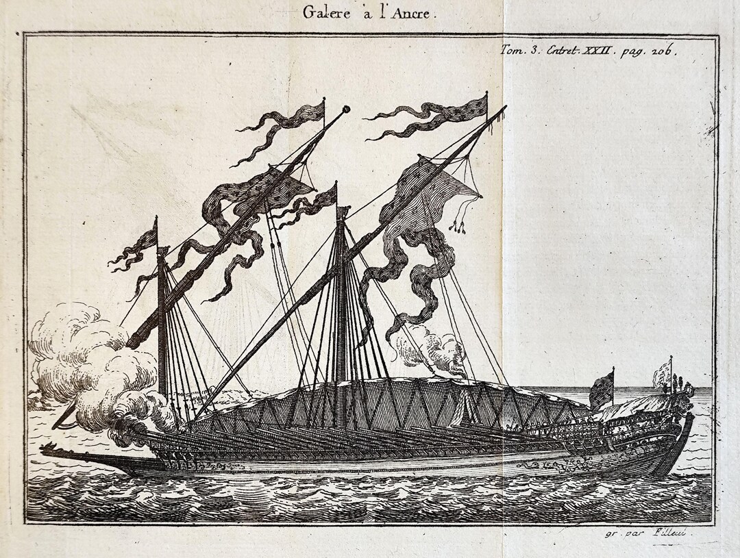 1735 Antique Warship Print Antique Galley Ship Engraving for Gift ...