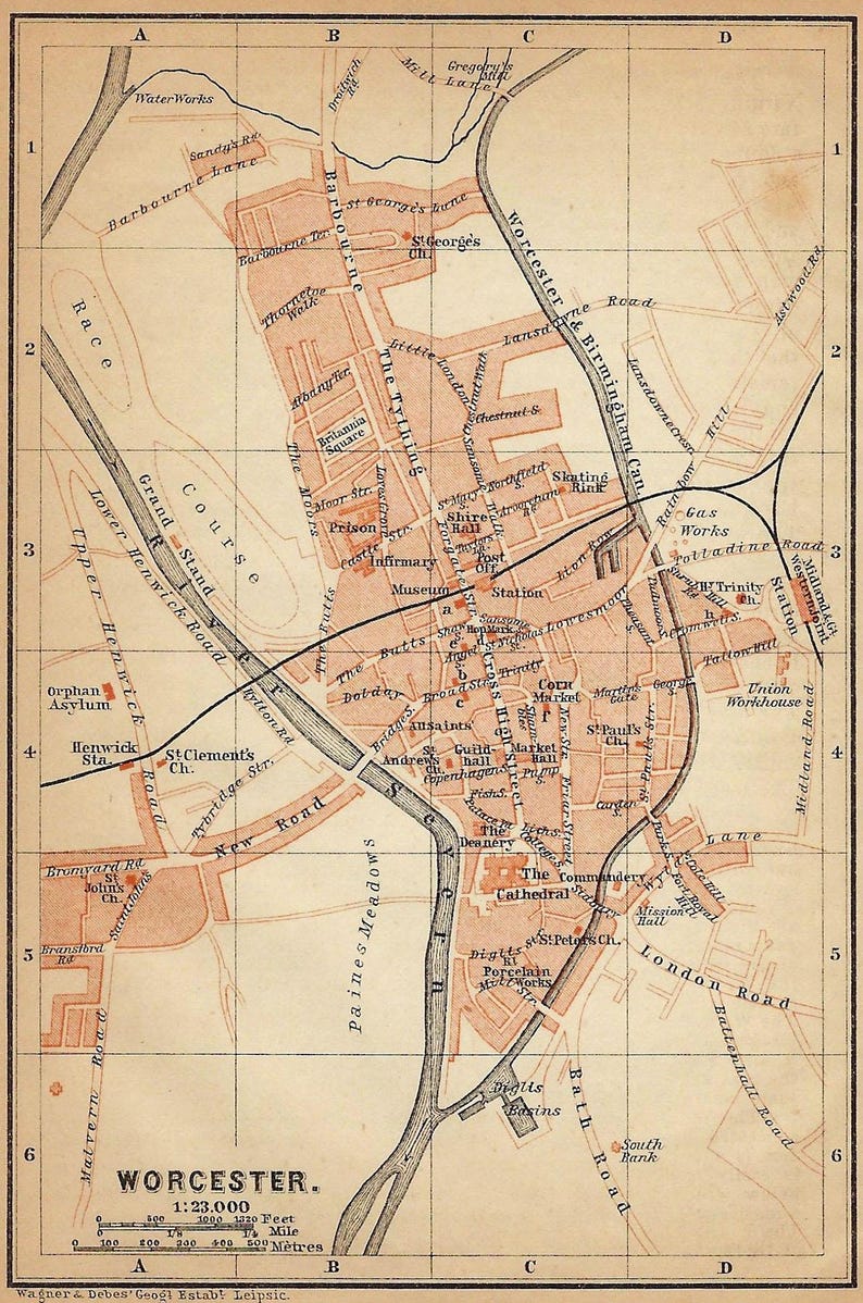 1897 Worcester Antique City Map Vintage Street Map England City Map ...