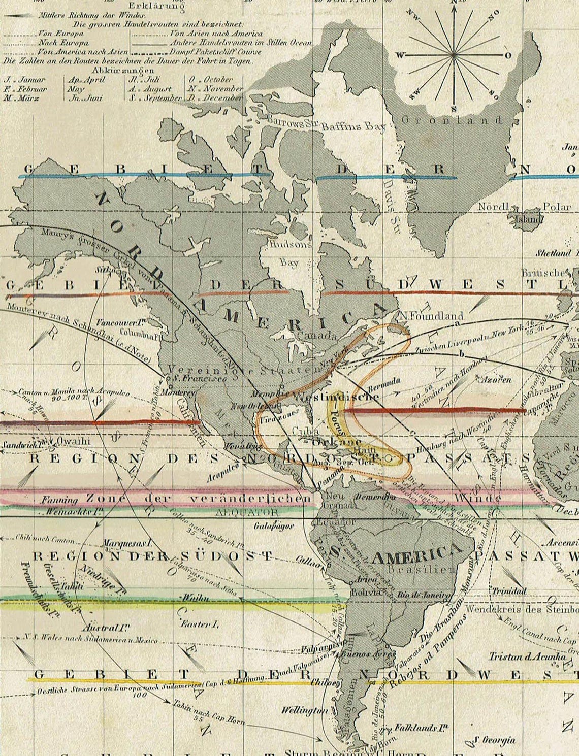 1860 EARTH WIND MAP. Antique World Map. Original 19th Century ...