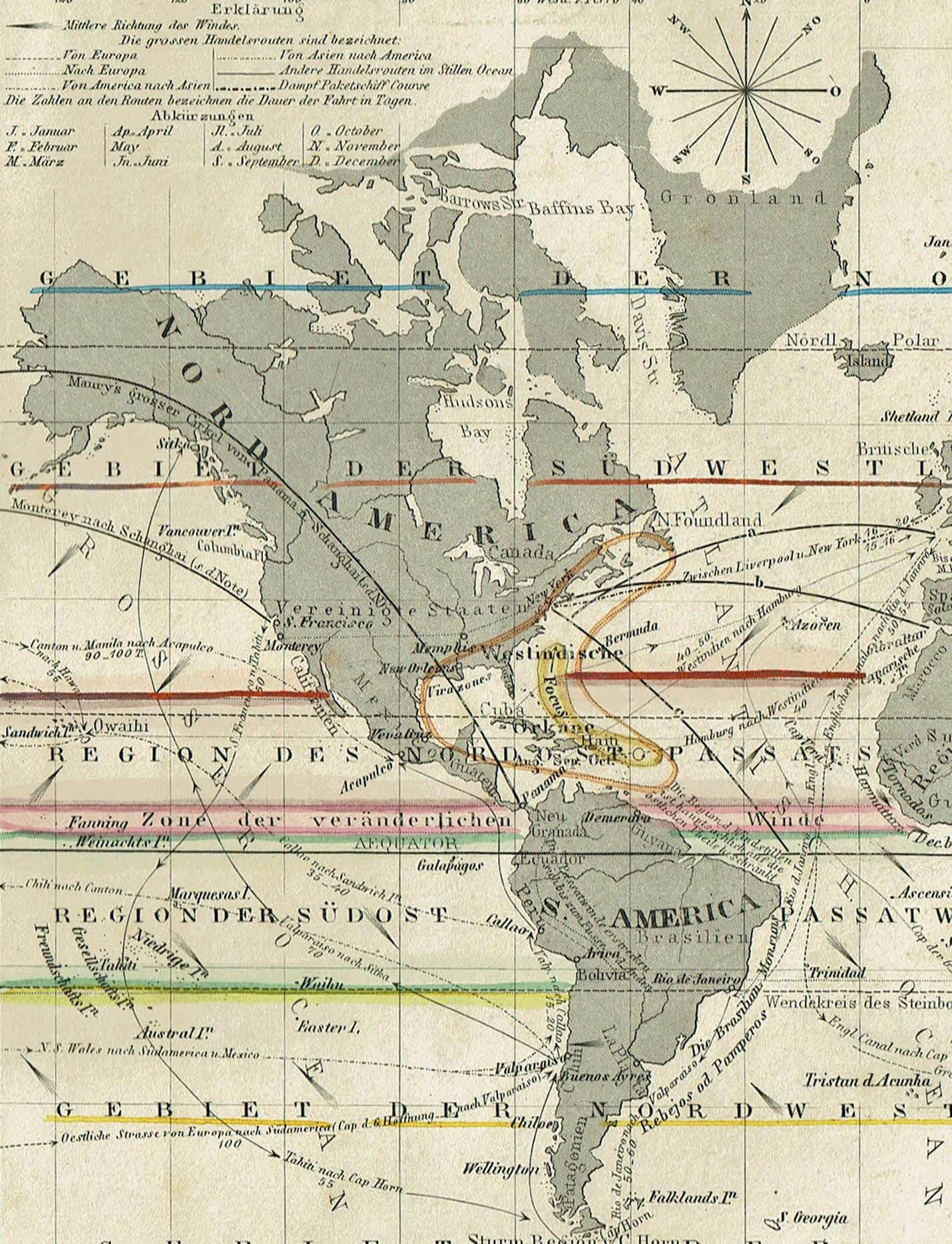 1860 EARTH WIND MAP. Antique World Map. Original 19th Century ...