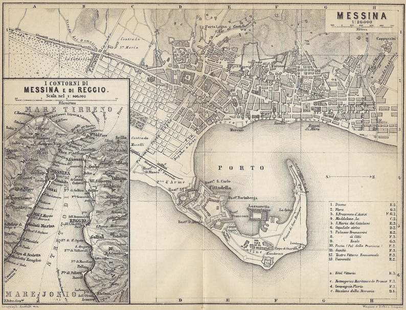 1875 MESSINA City Map Antique Sicily Map Vintage Italy Wall Art Messina ...