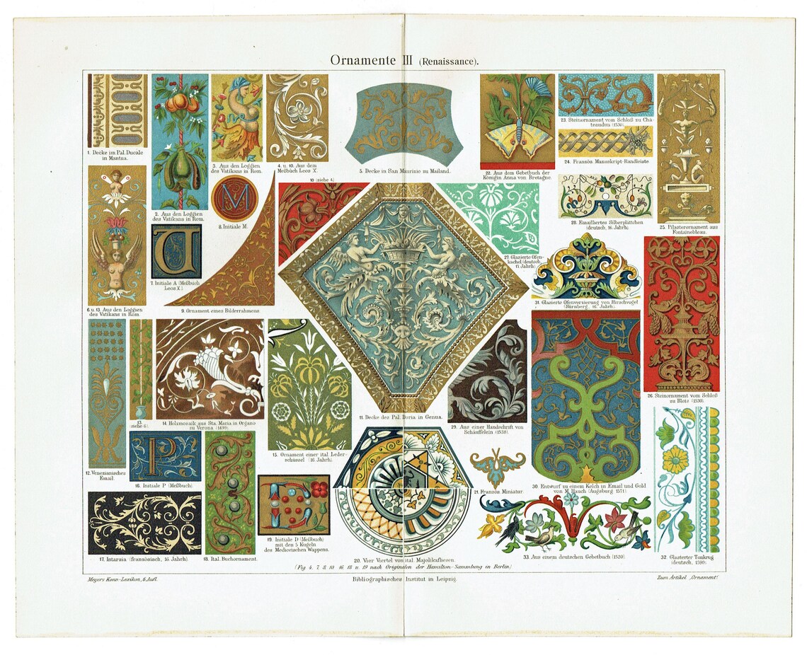 1903 European Renaissance Ornaments Print Antique Mosaic Wall Art ...