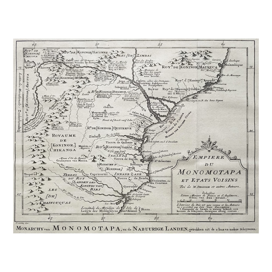 1747 Antique Africa Engraving. Monomotapa Empire Map. Zimbabwe ...