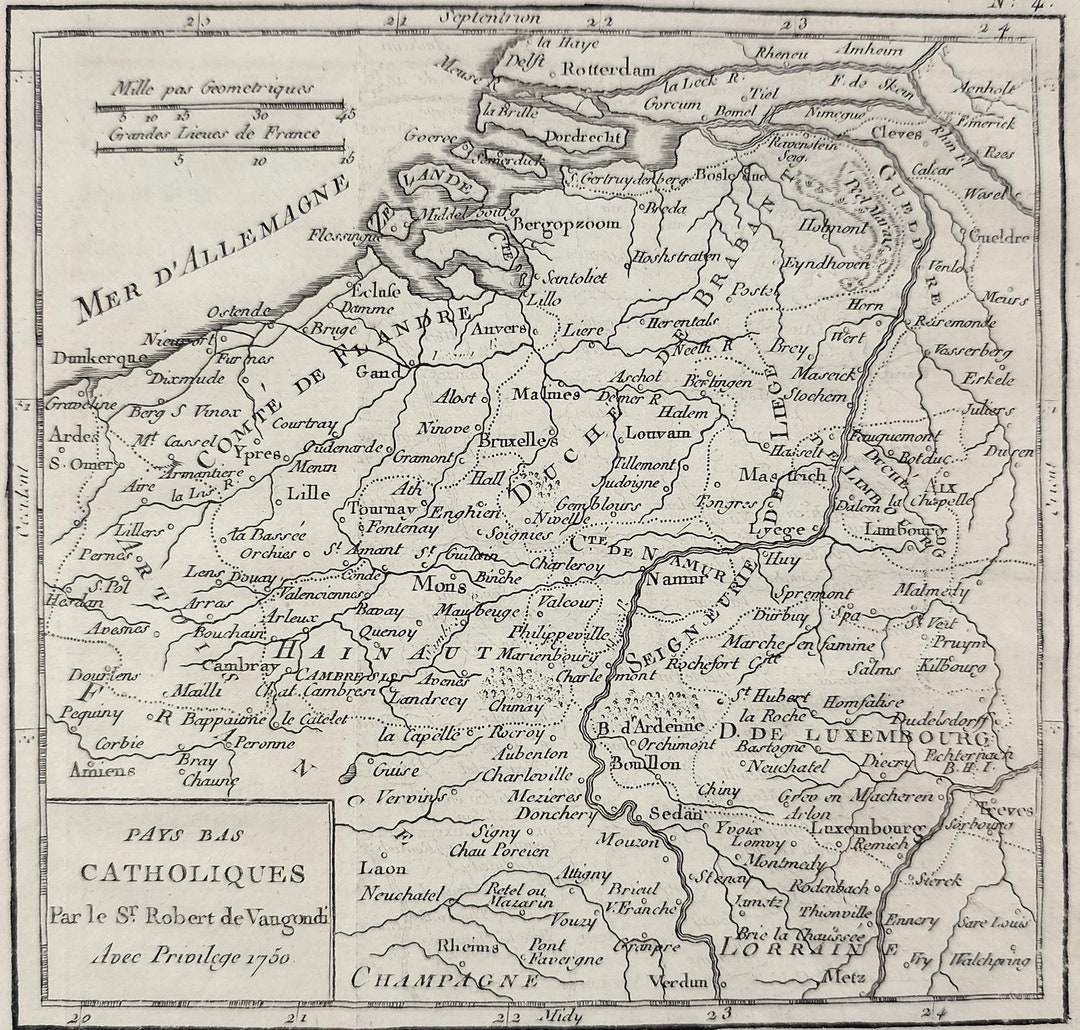 1750 Catholic NETHERLANDS Map. Belgium, Luxembourg, Holland. Antique ...