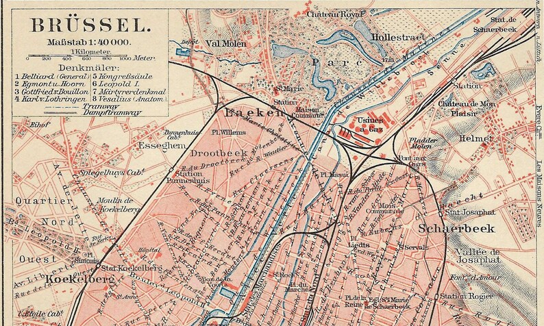 1903 Vintage BRUSSELS City Map Antique Street Map 19th Century Belgium ...