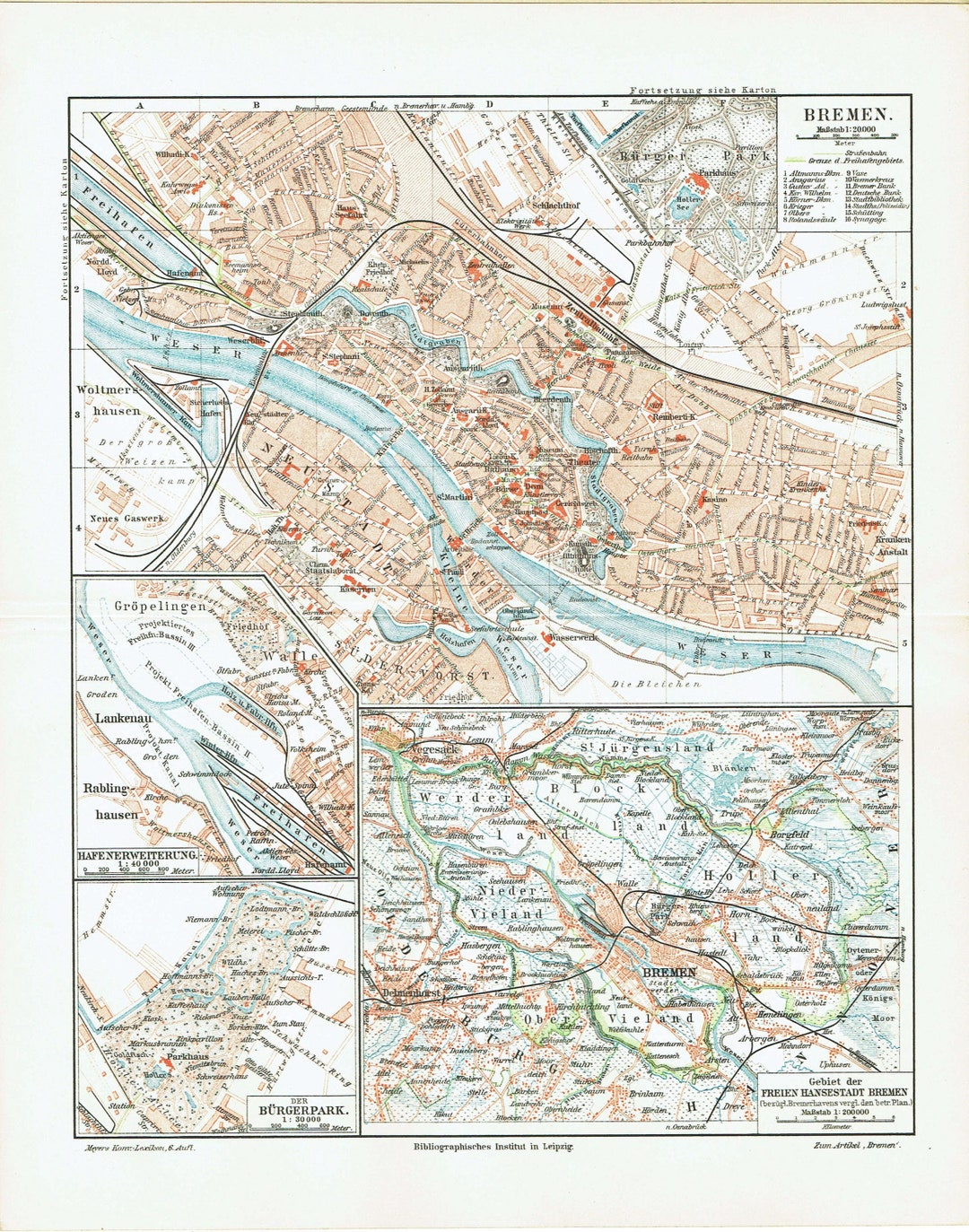 1903 BREMEN CITY MAP German Print Antique Bremen Print Vintage City Map ...