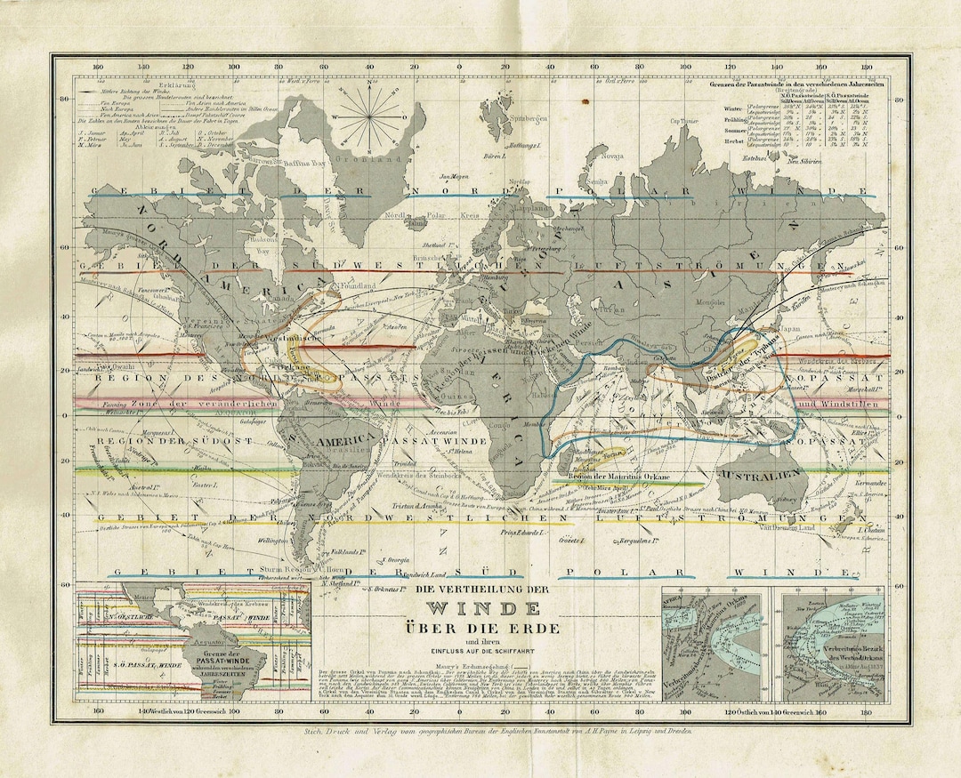 1860 EARTH WIND MAP. Antique World Map. Original 19th Century ...