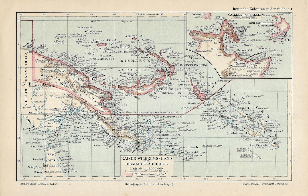 1903 ANTIQUE GERMAN COLONIES Map. Kaiser-wilhelmsland and Bismarck ...