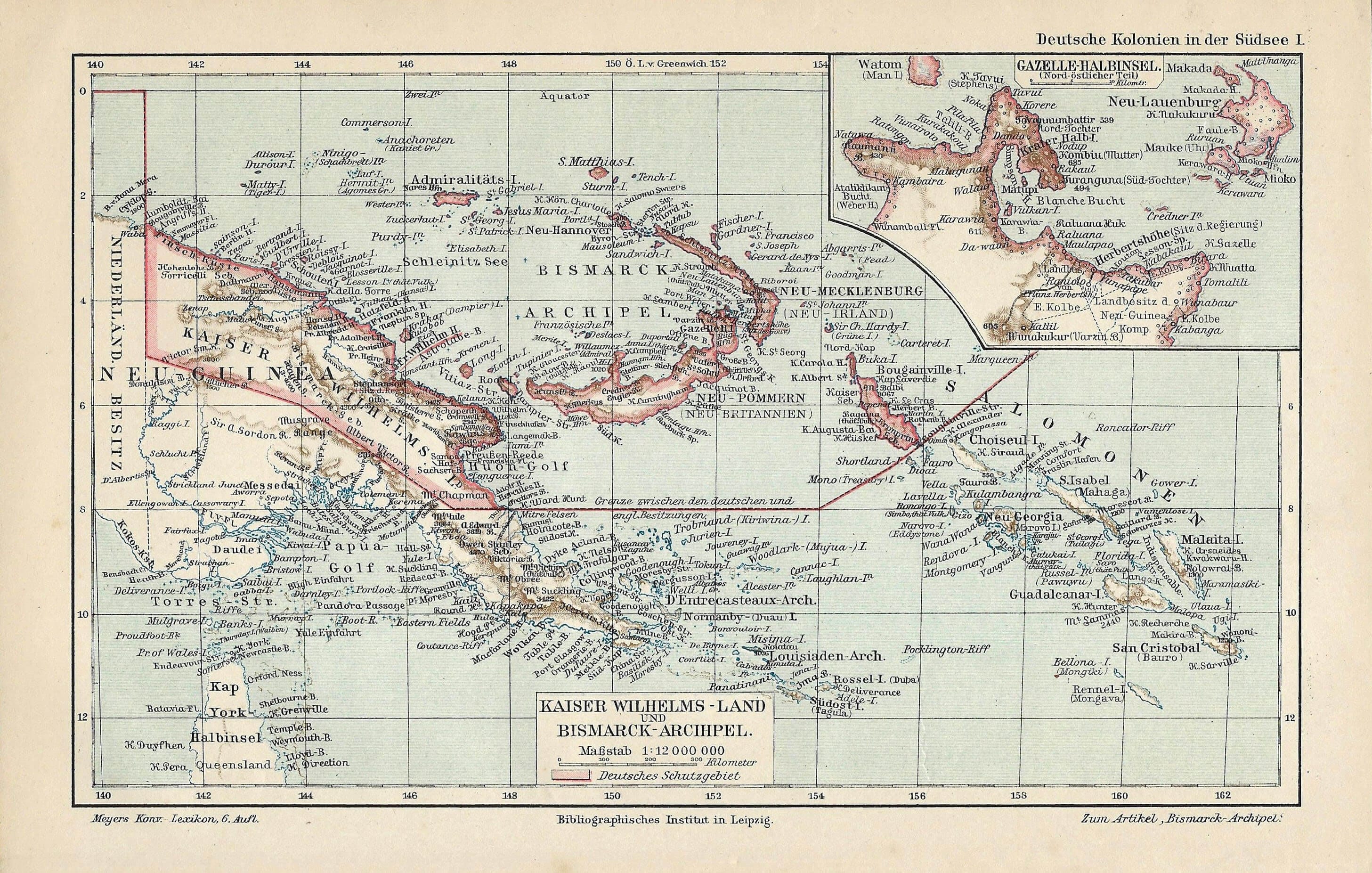 1903 ANTIQUE GERMAN COLONIES Map. Kaiser-wilhelmsland and Bismarck ...