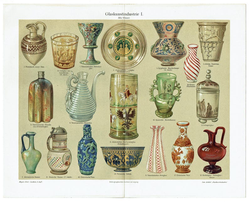 1903 Antique Glassware Print Vintage Glass Decor Historic Vases ...