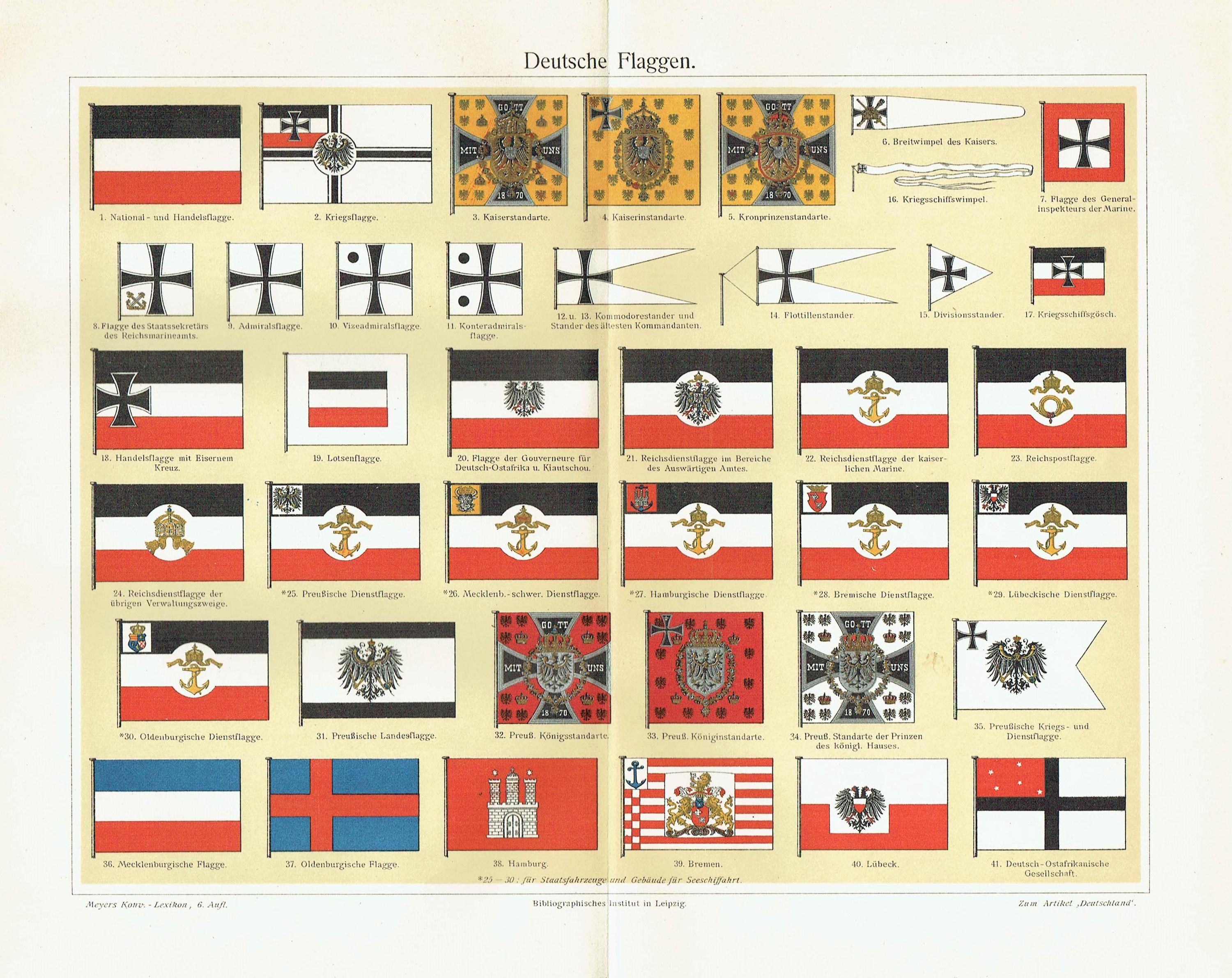 1903 Antique Lithograph of GERMAN HISTORIC FLAGS and Banners. Flags of ...