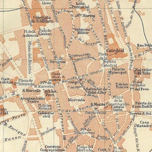 1913 SPAIN LEON Antique MAP Vintage City Map With Cathedral Map Spanish ...