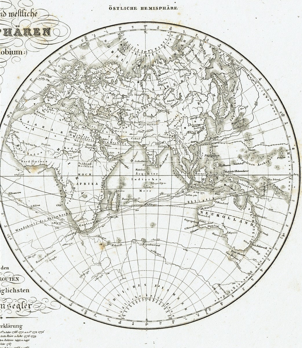 1828 PLANISPHERE. Antique World Map. Two Hemispheres Print. Original 19th Century Lithograph ...