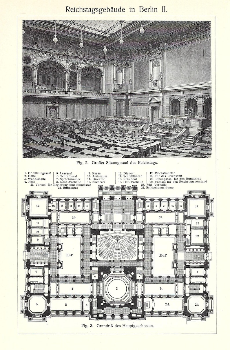 1903 Reichstag Building Print Vintage Architecture Lithograph German ...