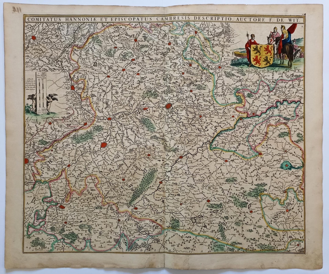 1670 HAINAUT, Belgium and France Antique Map. Original Hand Colored Map ...