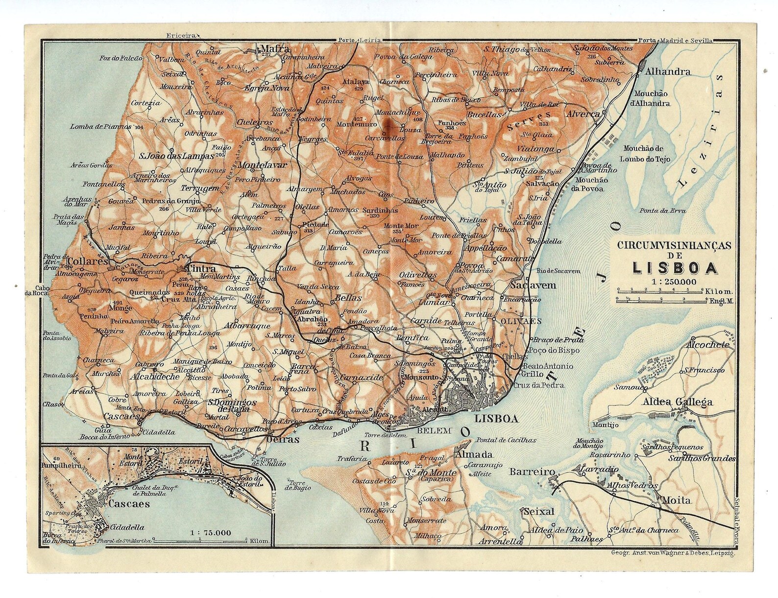 1913 - Map of Surroundings of LISBON PORTUGAL Antique Map Vintage ...