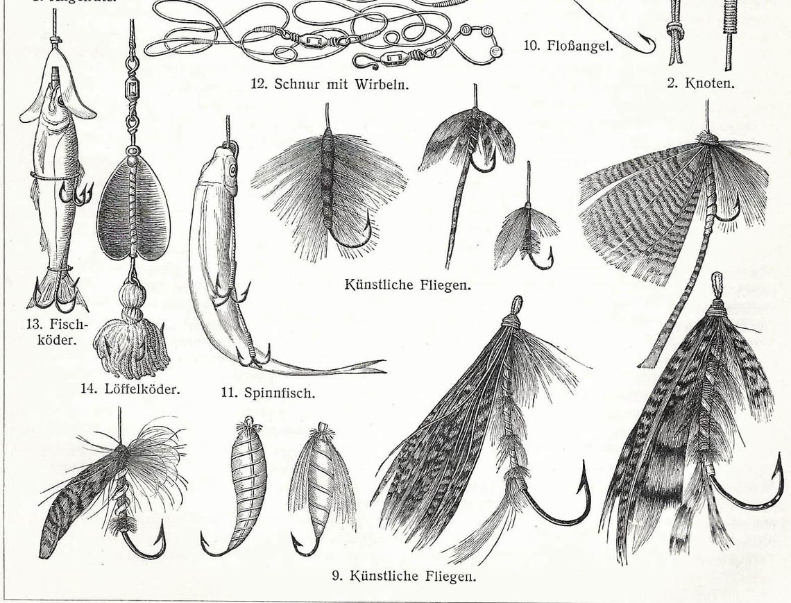 1903 Vintage Fishing Print Rods Hooks Floats Flies Lures Antique ...