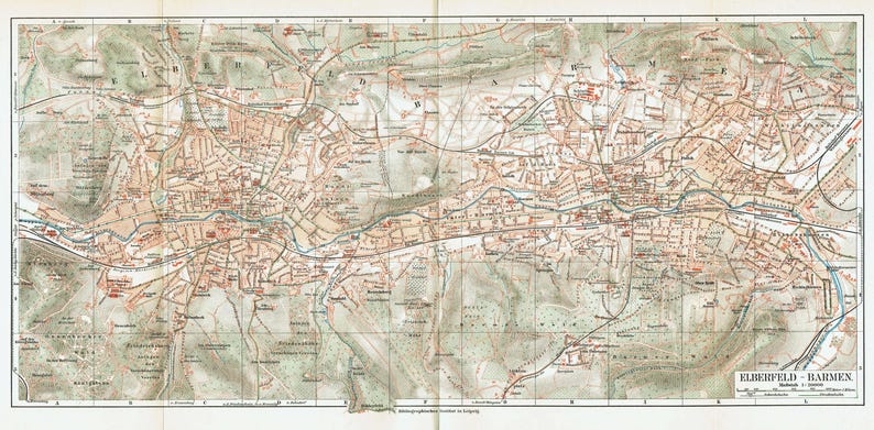 1903 WUPPERTAL ELBERFELD and BARMEN, Germany Antique City Map Vintage ...