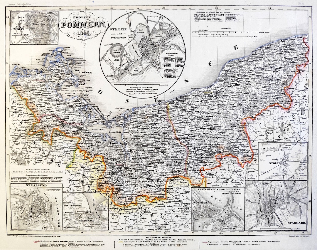 1849 GERMANY Antique Map of Pomerania Original Antique Print Stettin ...