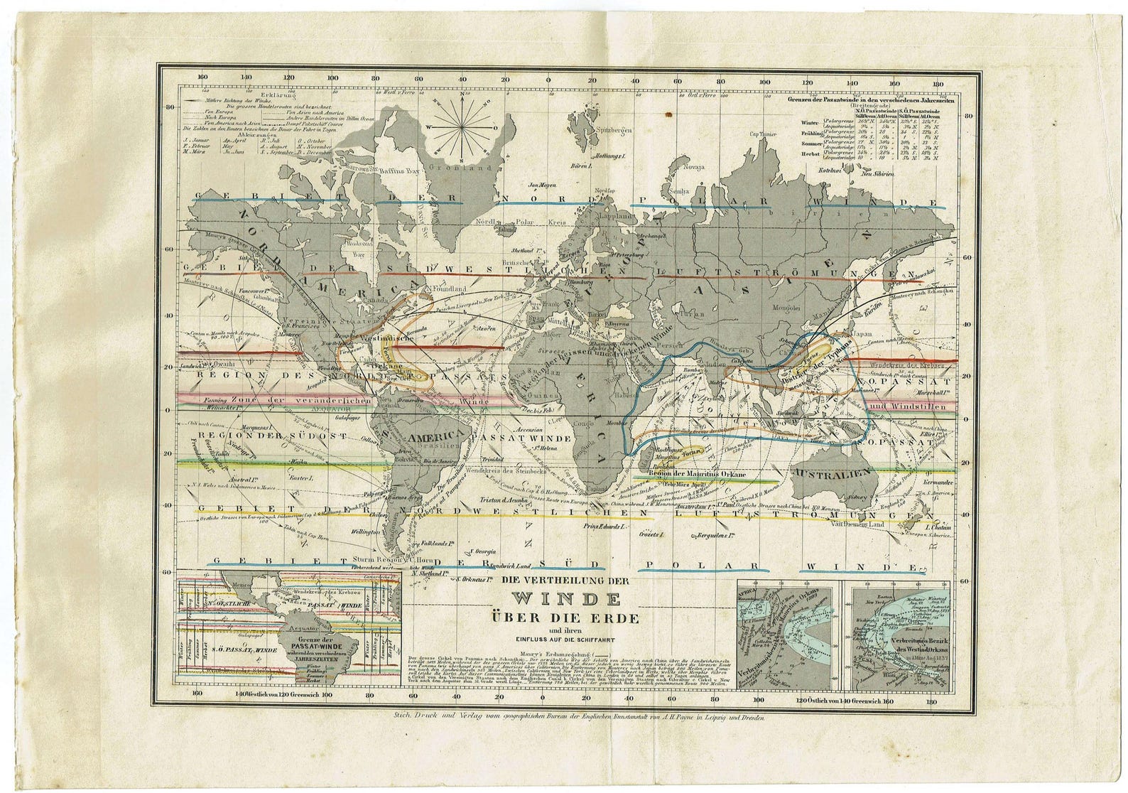 1860 EARTH WIND MAP. Antique World Map. Original 19th Century ...