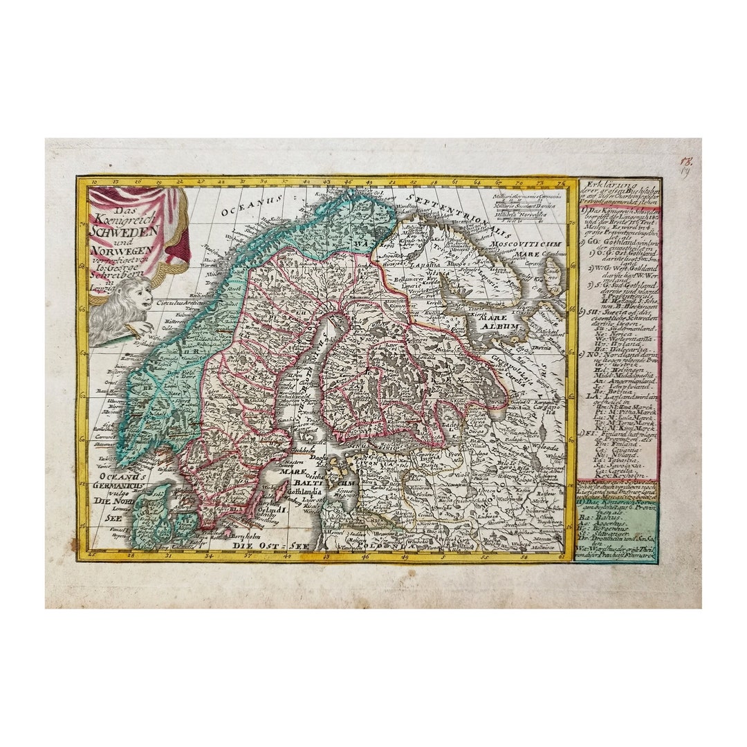 1741 SWEDEN and NORWAY Map, Europe. Original Hand Colored. Antique ...