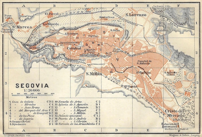 1913 SEGOVIA SPAIN Antique City Map Vintage Map Spanish City Town Map ...