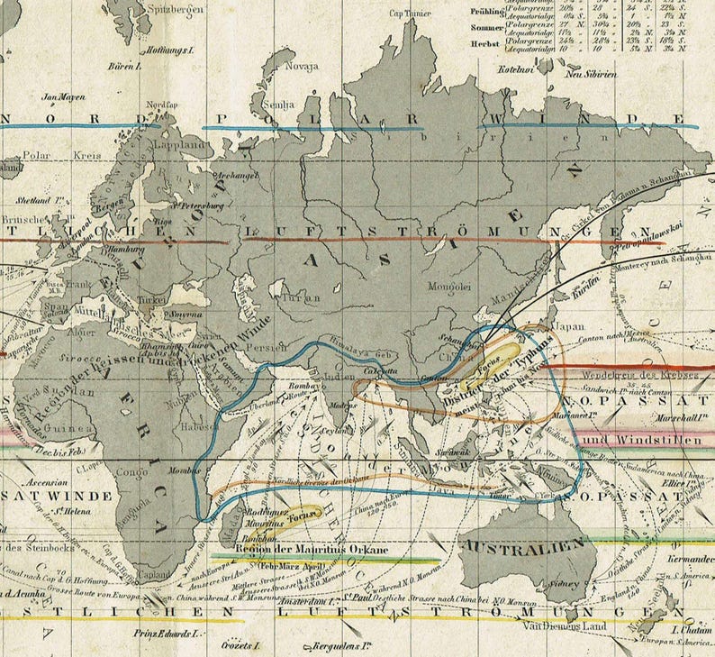 1860 EARTH WIND MAP. Antique World Map. Original 19th Century ...