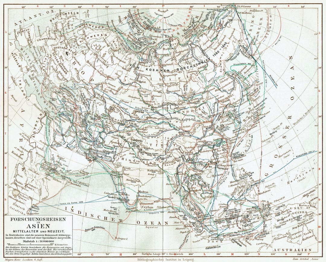 1903 Antique Map of ASIA Vintage Asia Travels Map Antique Asian ...