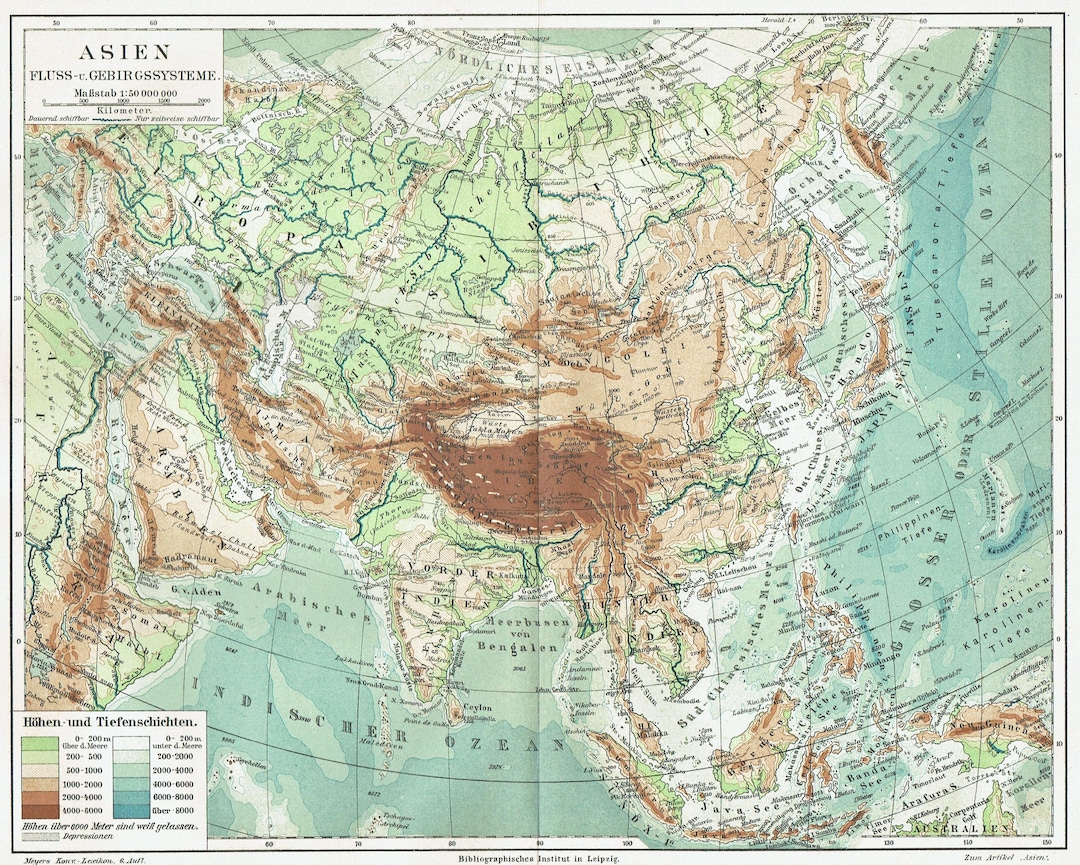 1903 Antique Map of ASIA Vintage Asia Map Antique Physical Asian Map ...
