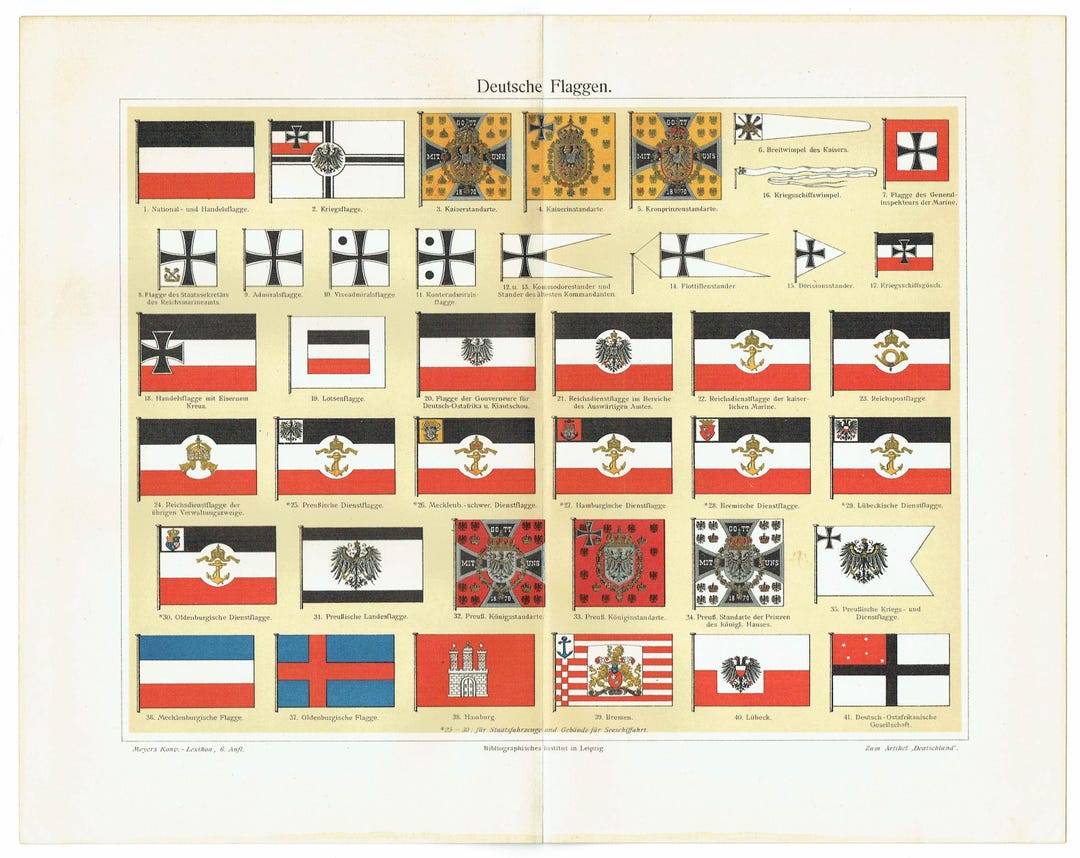 1903 Antique Lithograph of GERMAN HISTORIC FLAGS and Banners. Flags of ...