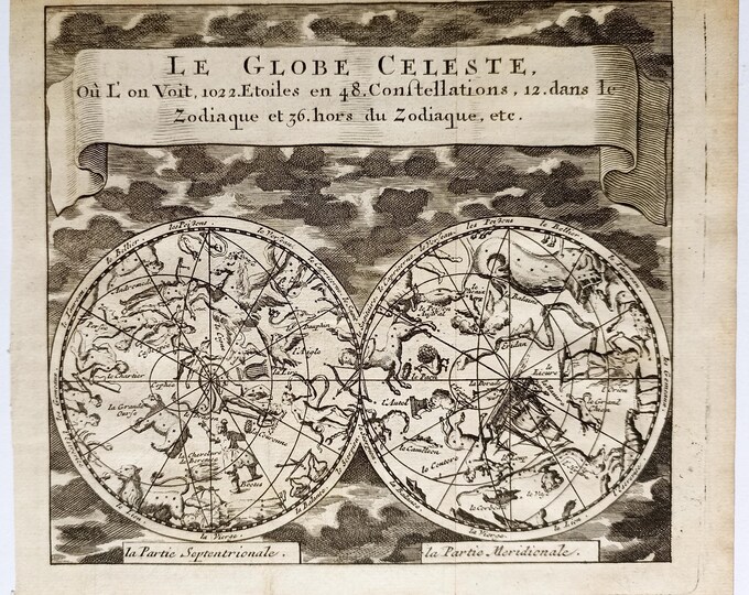 1743 Antique ORIGINAL Engraving Celestial Globe Map, Planisphere ...