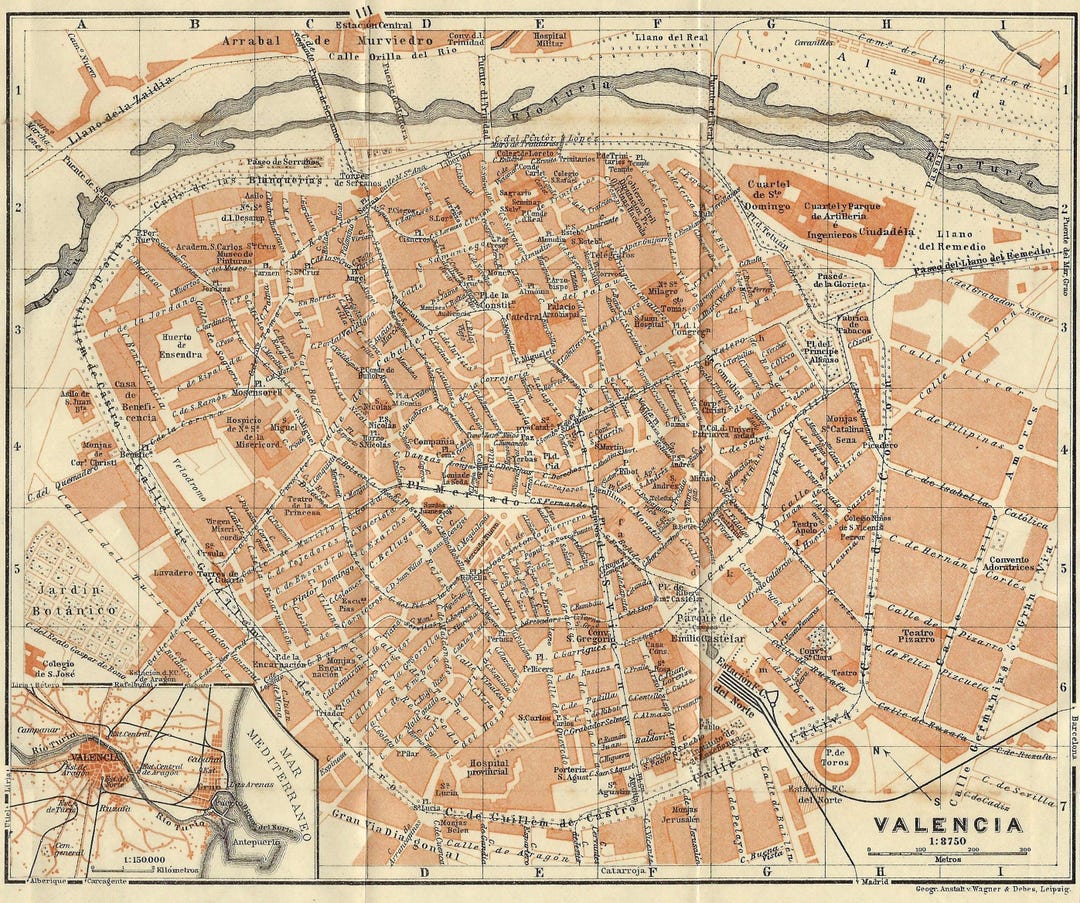 1913 VALENCIA SPAIN Antique Map Vintage City Map Spanish Town Map ...