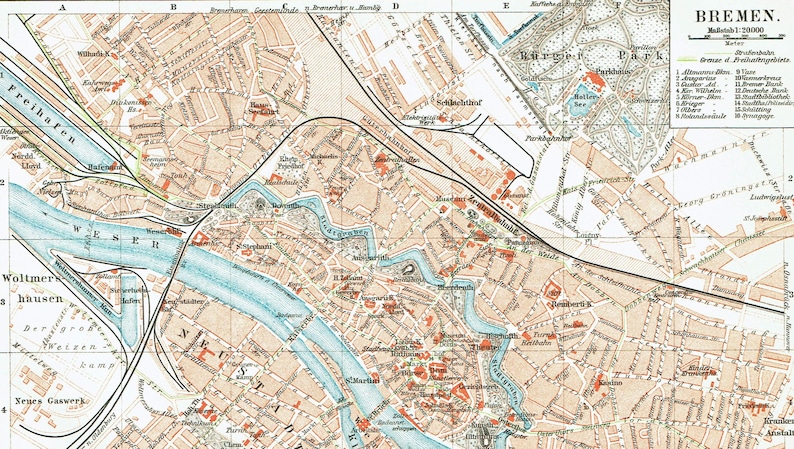 1903 BREMEN CITY MAP German Print Antique Bremen Print Vintage City Map ...