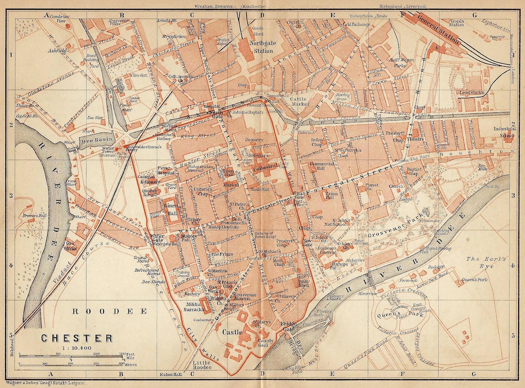 1897 Chester Antique City Map Street Map of Chester England's City ...