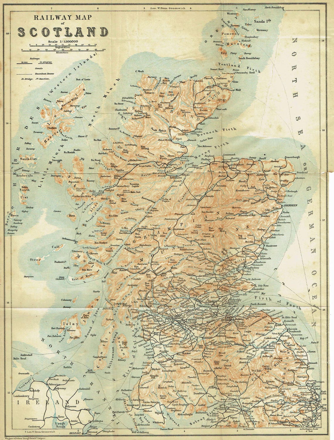 1897 RAILWAY MAP of SCOTLAND. Original United Kingdom Railway Map ...