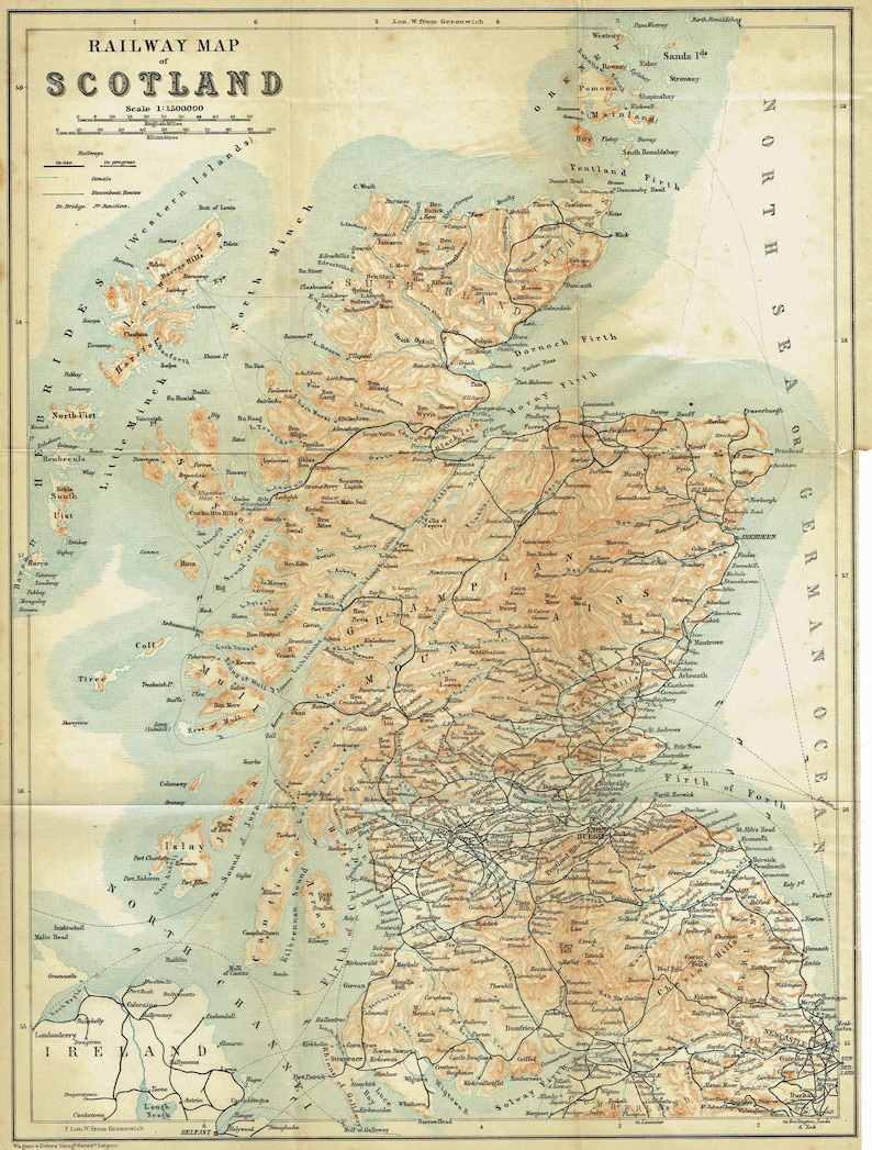 1897 RAILWAY MAP of SCOTLAND. Original United Kingdom Railway Map ...