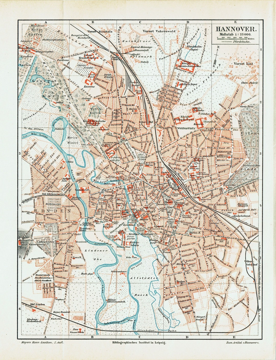 HANNOVER Mapa Antiguo De 1893 Impresión Antigua Del Siglo XIX Ciudad De ...
